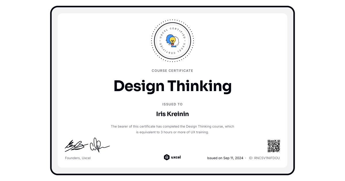 Certificate of completion for Design Thinking | Uxcel